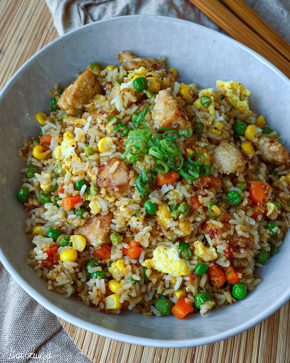 Reis im Airfryer – gebratener Reis mit Hähnchen